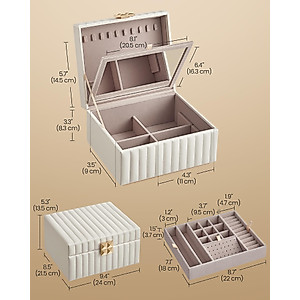SONGMICS HOME ANAH Collection - 2-Tier Jewelry Box with Mirror, Jewelry Organizer, Removable Tray, PU Surface with Stitching, Floating Effect, 8.5 x 9.4 x 5.3 Inches, Christmas Gift, Cloud White