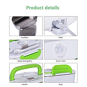 Electric Lunch Box for Car and Home 110V & 12V 40W - Removable Stainless Steel Portable Food Grade Material Warmer Heater - with 2 in 1 Fork & Spoon (Green)