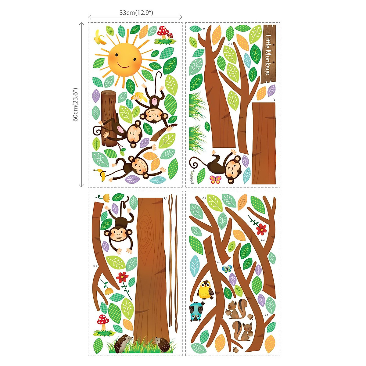DECOWALL SG-1401P1402 9 Little Monkeys Tree and Height Growth Chart Kids Wall Stickers Wall Decals Peel and Stick Removable Wall Stickers for Kids Nursery Bedroom Living Room