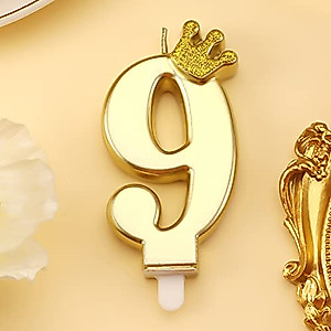 3.9inch Birthday Number Candle, Large 3D Number Birthday Candles for Cake with Glitter Crown Decor Cake Topper Candle for Wedding Ceremony Anniversary Festival Party (Gold, 9)