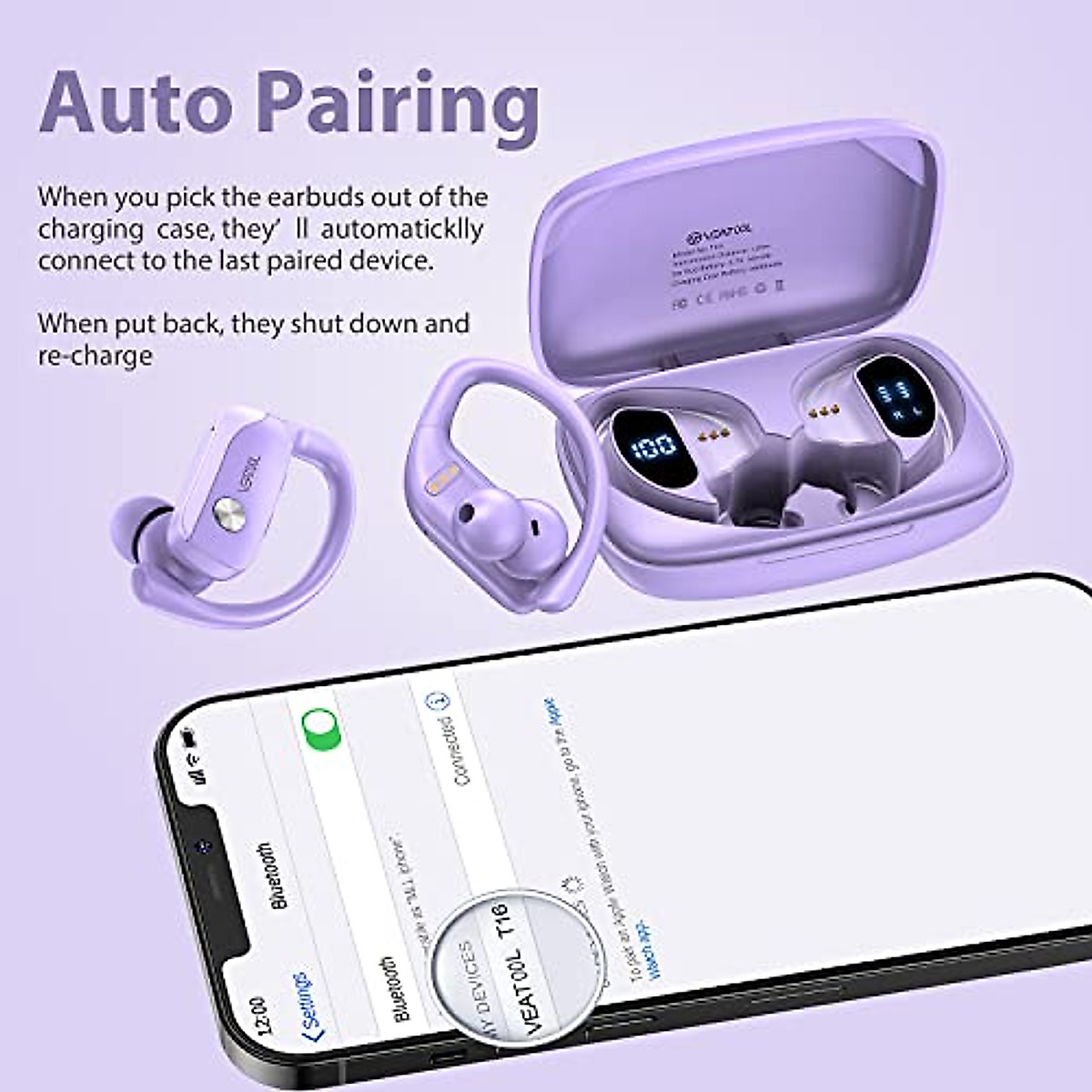 bmanl Wireless Earbuds Bluetooth Headphones 48hrs Play Back Sport Earphones with LED Display Over-Ear Buds with Earhooks Built-in Mic Headset for Workout Purple BMANI-VEAT00L