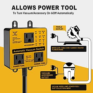 Upgraded Automatic Vacuum Switch, Autoswitch for Dust Collector, Customizable Delay (3/7/10s) for Shop Vac, Adjustable Power Tool Trigger (30/60/100W), with Overload and Tripping Protection