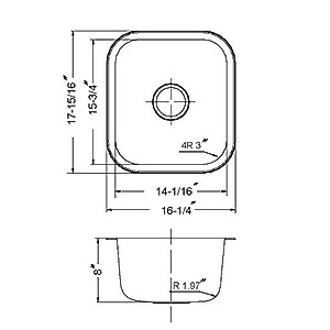 Houzer MS-1708-1 Club Series Undermount Stainless Steel Square Bowl Bar/Prep Sink