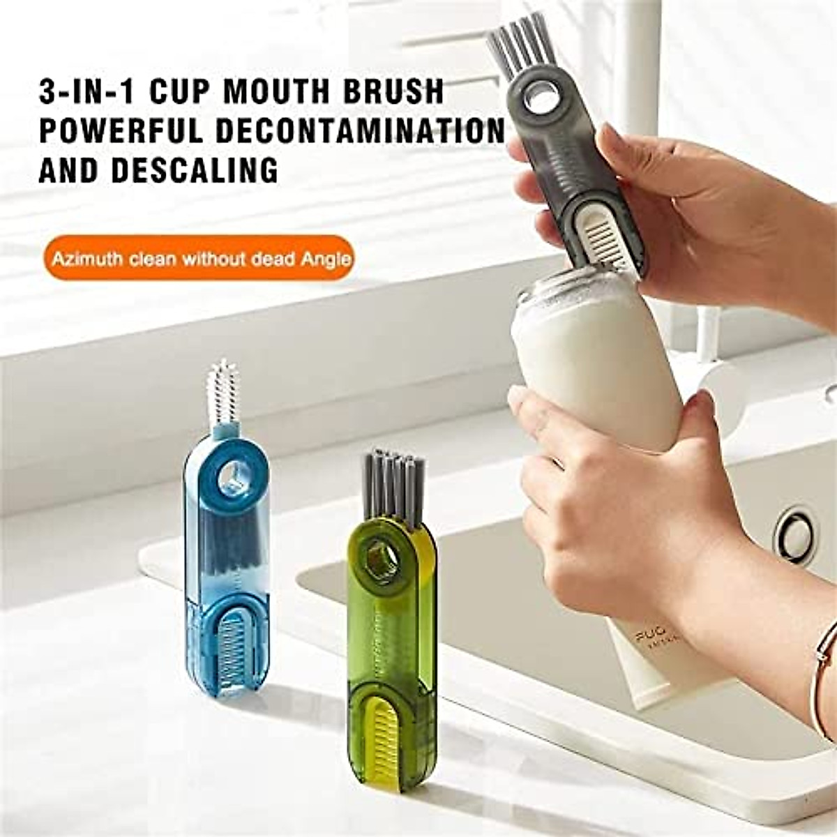 GDSAFS 3 in 1 Multifunctional Cleaning Brush, 3 in 1 Tiny Bottle Cup Lid Detail Brush Straw Cleaner Tools Multi-Functional Crevice Cleaning Brush for Deep Detail Cleaning (Blue&Green)