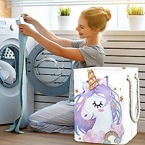 Laundry Hamper Unicorn Girl Toy Storage Collapsible Clothes Basket Folding Washing Bin With Handles 19.3x11.8x15.9 in