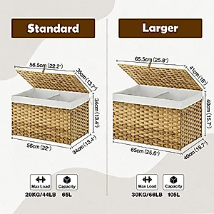 Greenstell Storage Basket with Lid, Handwoven Large Shelf Basket with Cotton Liner and Metal Frame, Foldable & Easy to Install, Storage Box Basket Bin with Handle for Bedroom, Laundry Room 65L (Natural, 22.2x13.4x13.4 inch)