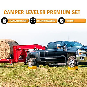 Cainozo RV Leveling Blocks Camper Leveler 2 Pack with Carrying Bag,Leveler Chocks Precise Camper Leveling Includes Two Curved Levelers,Two Rubber Grip Mats,Two Chocks,and A Carrying Bag Yellow