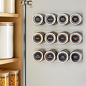 Talented Kitchen 12 Magnetic Spice Jars for Refrigerator with 3 Metal Wall Bases, 269 Preprinted Seasoning Labels, 2 Styles, 1 Cooking Conversion Chart, for 3 oz Containers