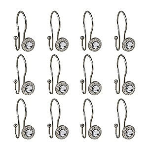 Shower Hooks - Double Shower Curtain Rings for Bathroom - Rust Resistant Shower Curtain Hooks for Shower Curtain or Liner - Shower Curtain Rings with Crystal Design - Set of 12, Brushed Nickel