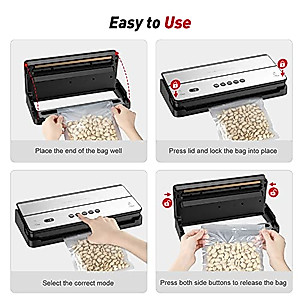 Bonsenkitchen Food Sealer Vacuum Sealer, Built-in Cutter & sealer Bags Rolls and Starter Kit, Dry&Moist Food Modes, Compact Design Air Sealing System Portable Vacuum Sealer, Silver