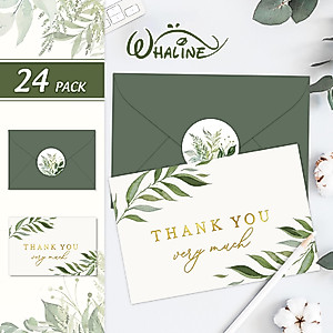 Whaline 24 Sets Greenery Thank You Cards Gold Foil Thank You Greeting Cards Watercolor Green Leaf Blank Note Cards with Envelopes Stickers for Bridal Baby Shower Wedding Birthday Party, 4 x 6 Inch