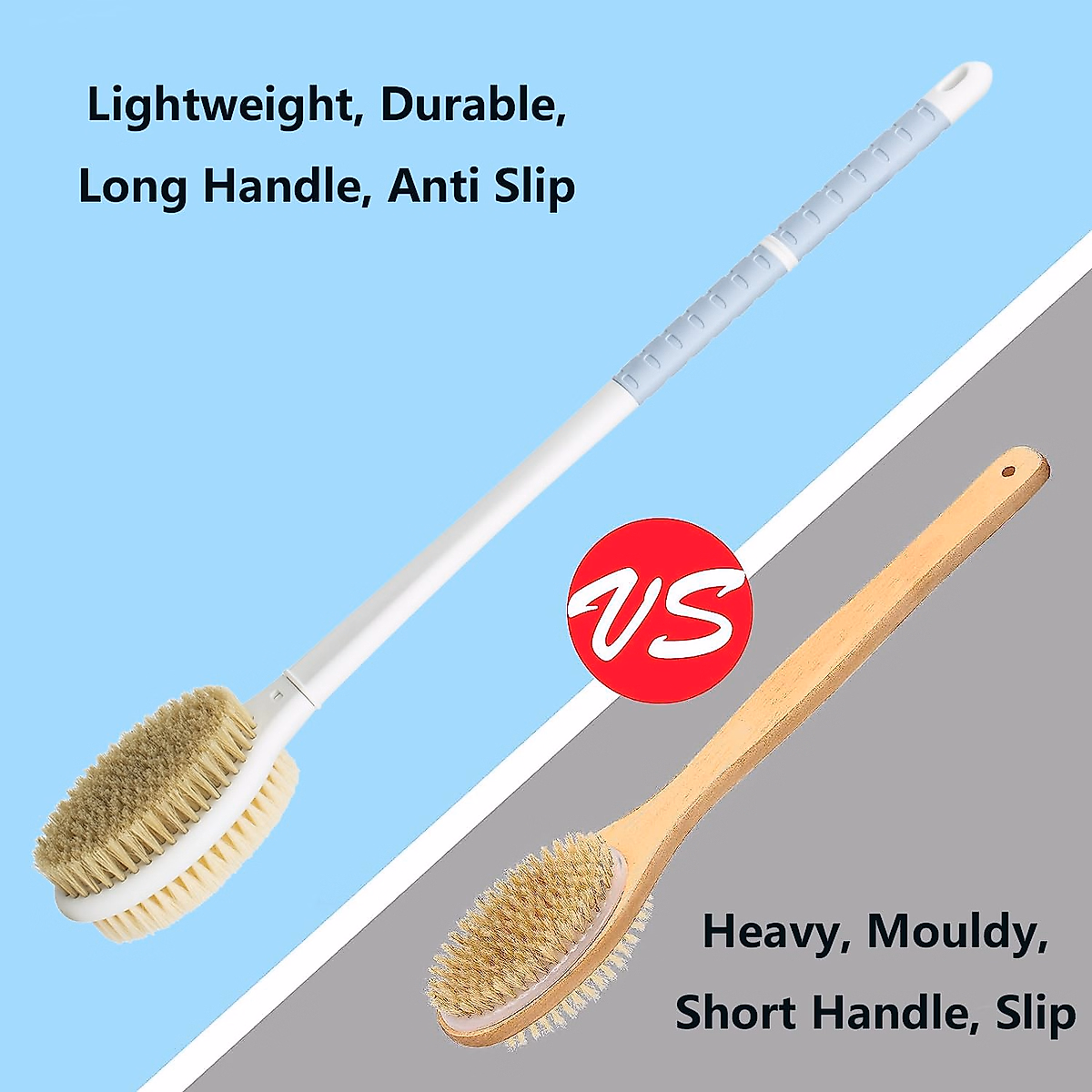 Arswin Shower Brush with Soft and Stiff Bristles,Back Scrubber 20.5" Extra Long Anti-Slip Handle Dual-Sided Bath Brush Body Exfoliator for Wet or Dry Brushing