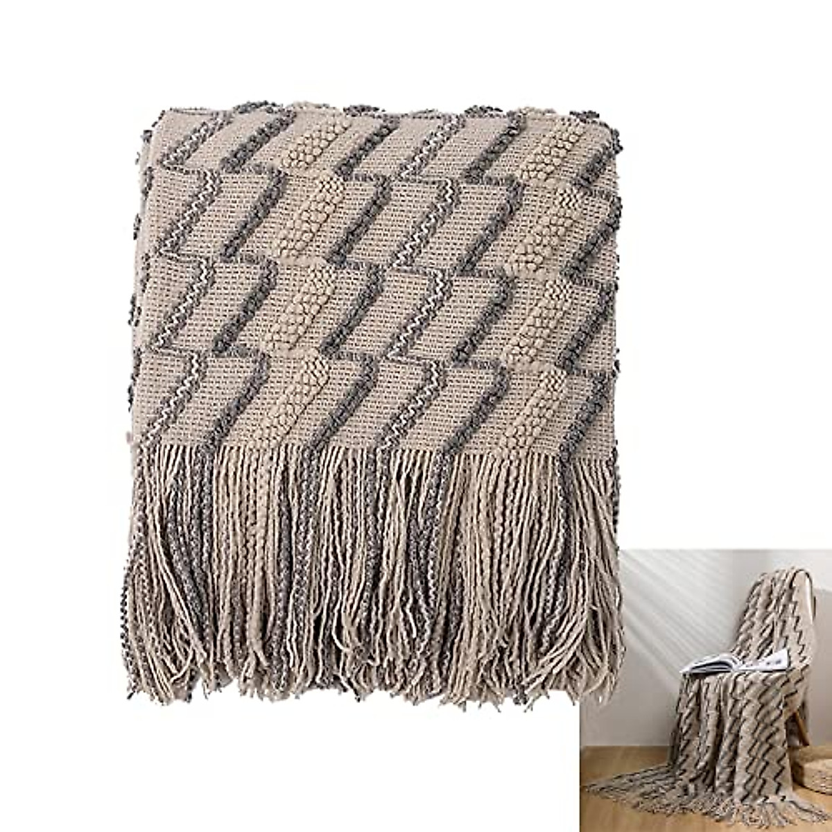 TXDYB 50"x 60" Soft Warm Cozy Khaki Knitted Blanket with Tassels,Boho Deco Throw Blanket for Bed Sofa Room Travel Camping Hotel Decoration,Wave Pattern Blanket for Women and Men