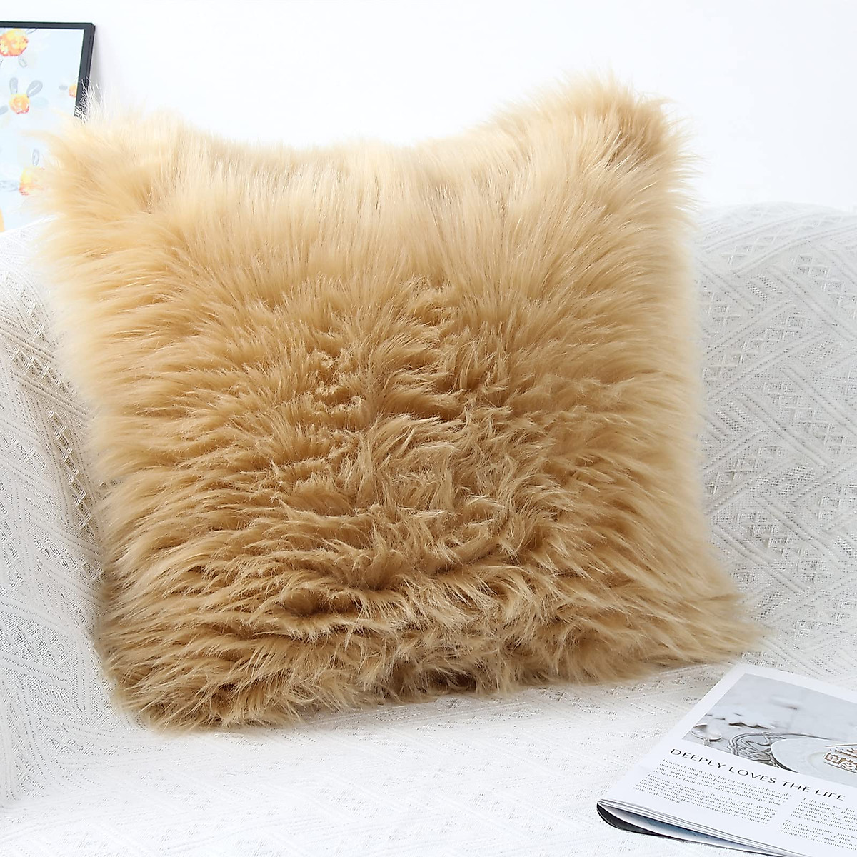 OYIMUA Fluffy Decorative Throw Pillow Covers 20×20, Faux Fur Farmhouse Luxury Pillow Cases,Soft Plush Fuzzy Beige Cushion Covers for Sofa Couch Living Room Bedroom Set of 2