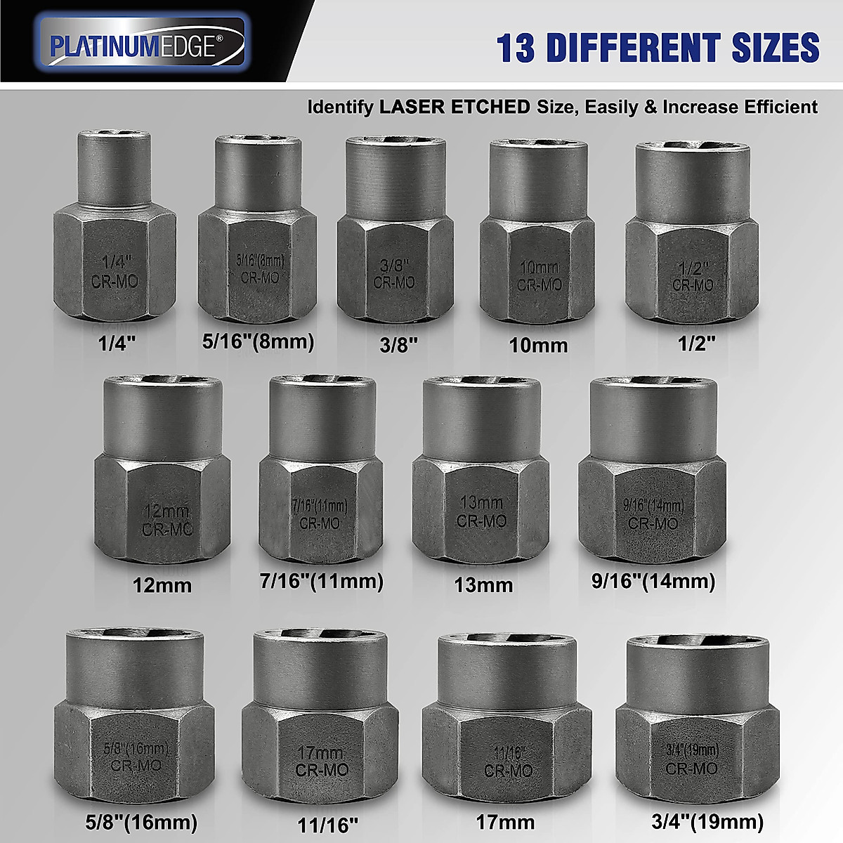 PLATINUMEDGE Bolt Extractor Tool Set, 13 Pieces Impact Bolt & Nut Remover Set, Stripped Lug Nut Remover, Extraction Socket Set for Easy Out Rusted Rounded Damaged Nuts Sockets and Bolts, Cr-Mo