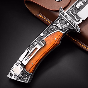 NedFoss Gifts for Men Pocket Folding Knife, 8.6" Engraved Unique Blade, Wood Handles Pocket Knife with Back Lock, Hunting Camping Pocket Knife for Men,Perfect Gifts Idea for Survival, Fishing, Hiking