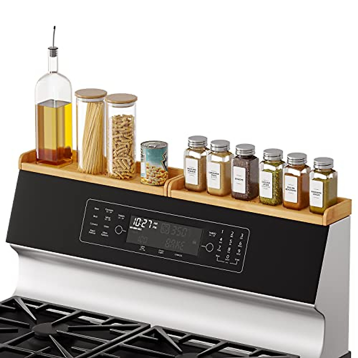 SpaceAid Bamboo Stove Top Magnetic Shelf with Labels, Kitchen Organizer Over the Stove Spice Rack, Magnetic Over Oven Organization Shelf (Natural, 2 Pack 15", Up to 30" Length)