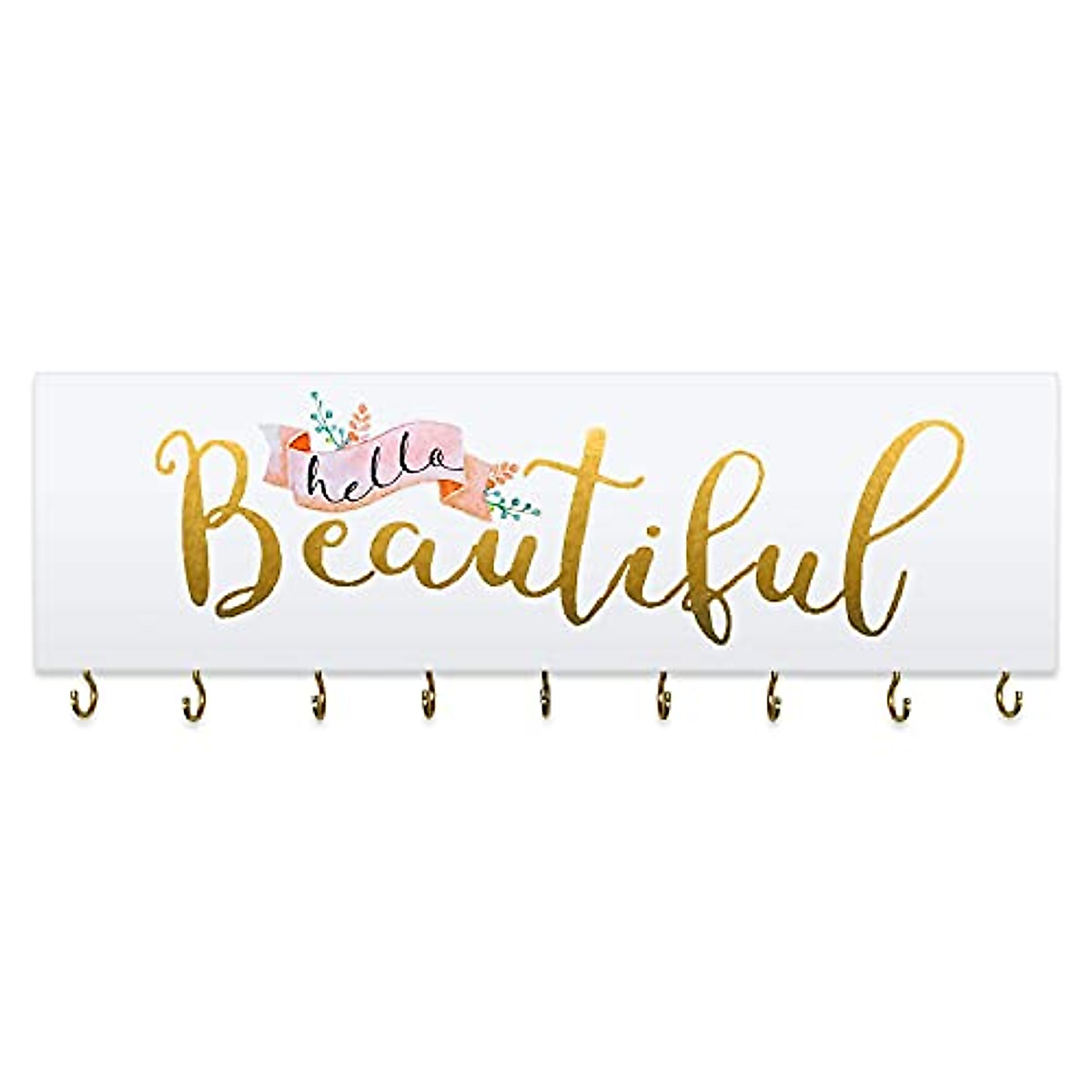 SANY DAYO HOME Hello Beautiful Wall Mount Necklace Holder Organizer with 9 Jewelry Hooks for Ring, Hair Bow, Headband, Purse - Wall Decor for Girls Room