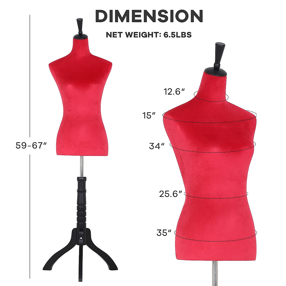 Mannequin Body Female Dress Form Mannequin Torso with Stand for Display 60"-67" Height Adjustable for Sewing Wooden Base, Fiberglass Body(Red)