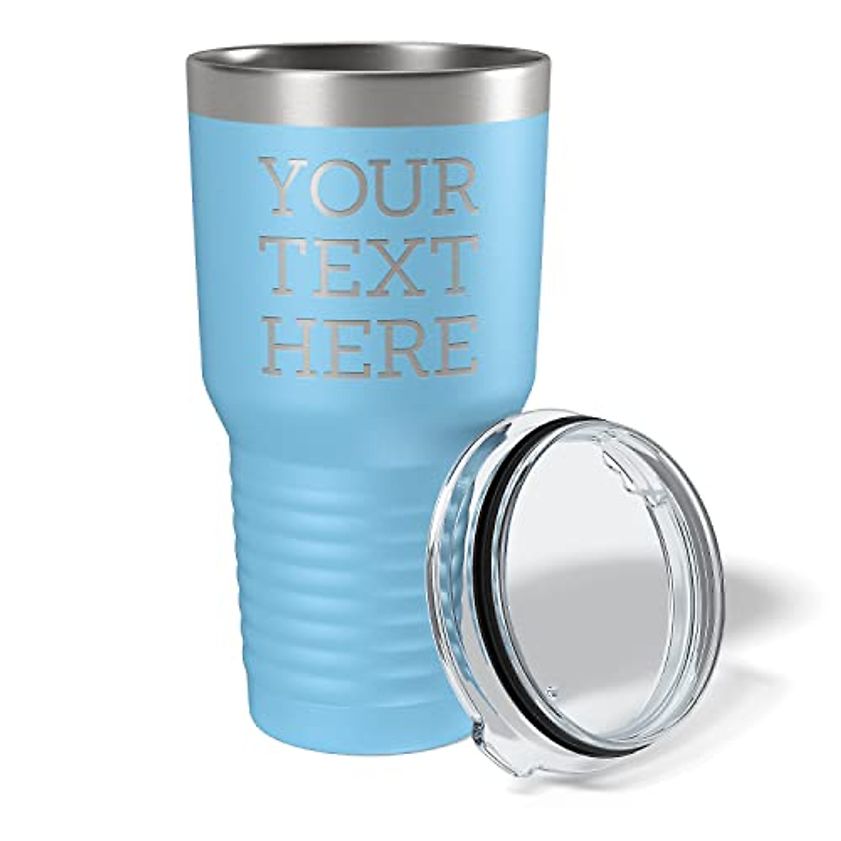 Personalized 30oz (17 Colors) Powder Coated Insulated Stainless Steel Tumbler with Lid, Custom Etched, Customized Text Message Name, Engraved Gift Idea Women Men Him Her, Your Text Here (Light Blue)