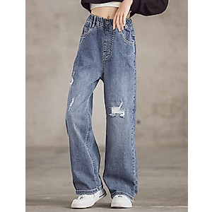 Sitmptol Teen Girl's High Waisted Straight Leg Ripped Jeans Washed Denim Pants with Pockets Wide Leg Blue Ripped 160 11-12 Years