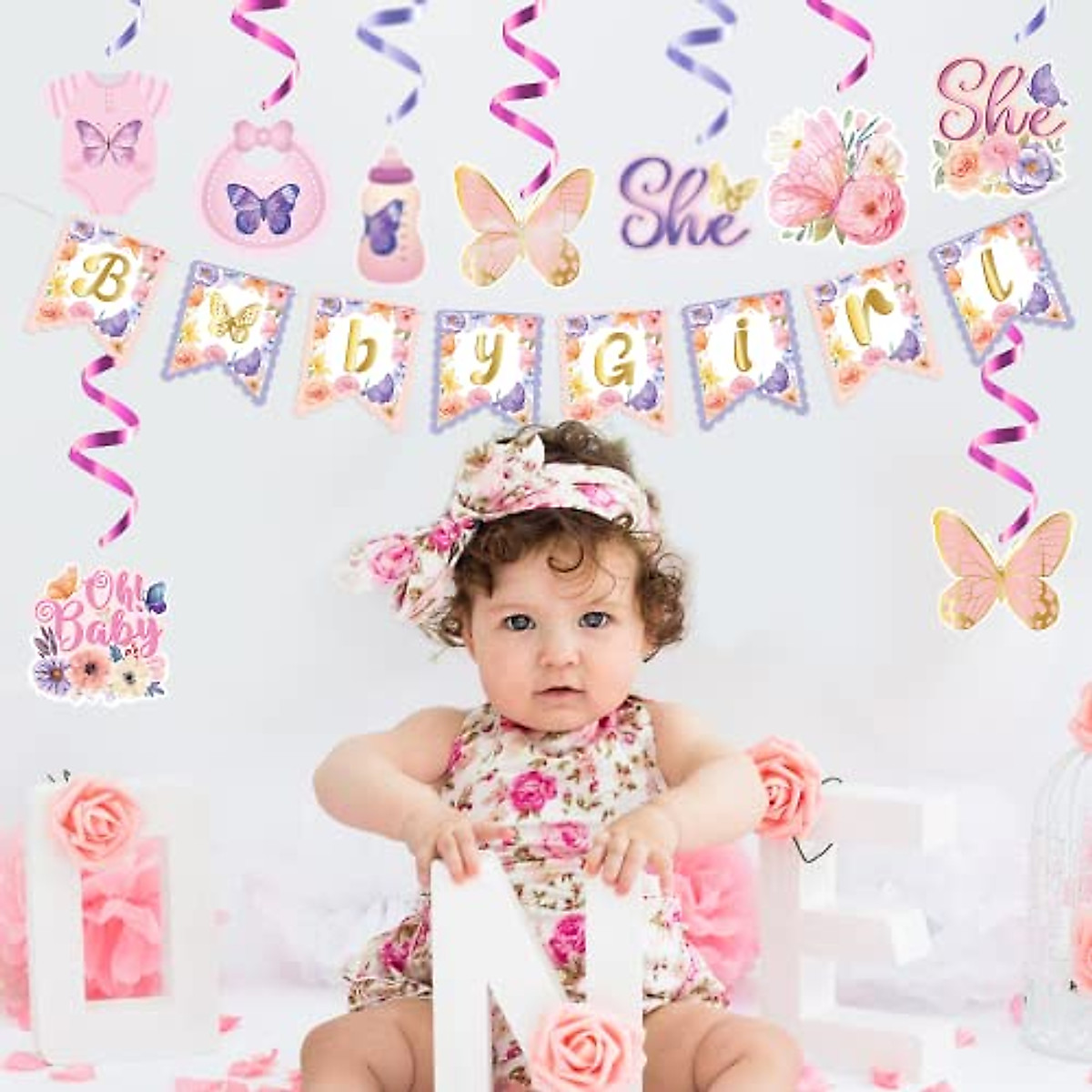 JAPBOR 21PCS Butterfly Baby Shower Hanging Swirls Decorations for Girl, Floral Butterfly Baby Girls Gender Reveal Party Banner Set, It's a Girl Birthday Purple Pink Butterflies Hang Decor Supplies