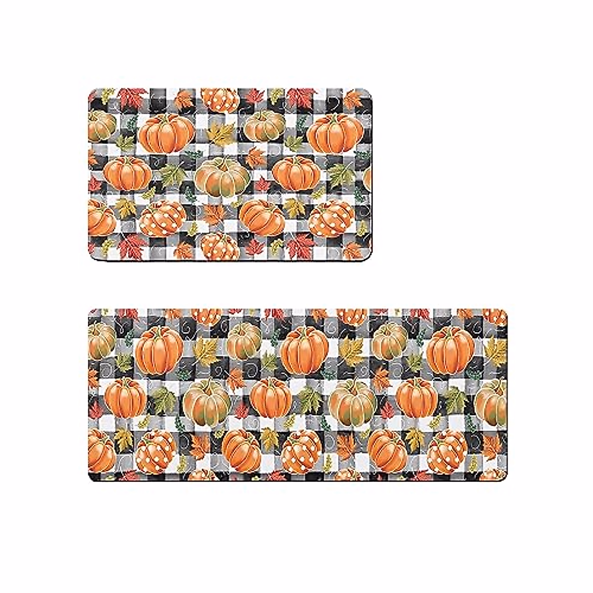 Buffalo Plaid Pumpkins Bath Mat for Tub,Non Slip Bathroom Floor Runner Rug Quick Dry & Absorbent Diatomaceous Earth Shower Sink Kitchen Doormat,Thanksgiving Fall Leaves Black White 20x24+20x48