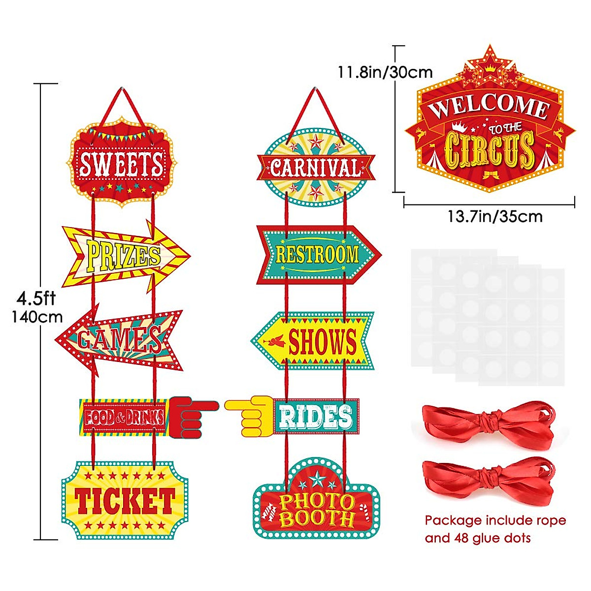 KATUMO Carnival Decorations, 11 Pcs Large Circus Carnival Signs Circus Theme Party Signs Carnival Party Supply Decor Paper Cutouts with Glue Point Dots and 2 Ropes