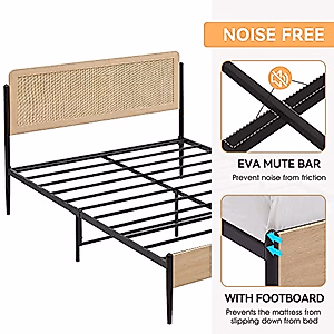 IDEALHOUSE Queen Size Bed Frame with Rattan Headboard, Platform Bed Frame with Safe Rounded Corners, Strong Metal Slats Support, Mattress Foundation, Noise-Free, No Box Spring Needed, White Oak