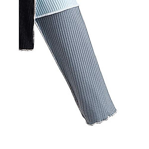 SheIn Women's Patchwork Color Block Crop Top Tees Long Sleeve Round Neck Ribbed Knit T Shirt Blue and Black Small