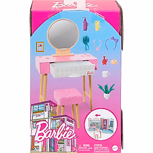 Barbie Furniture & Accessories Set, Doll House Décor, 10+ Pieces for Vanity Including Stand with Mirror, Stool, Beauty Products & More