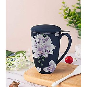 immaculife Tea Cup with Infuser and Lid for Steeping Loose Leaf Tea Bag Coffee Milk Women Office Home Gift 16oz Navy Floral Print