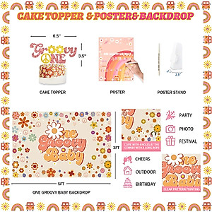 125 PCs Groovy One Party Decorations, Fiesec One Groovy Baby Birthday Decorations Girl Boho Daisy Hippie First Party Backdrop Balloon Garland Monthly Photo Highchair Banner Cake Topper Crown Poster