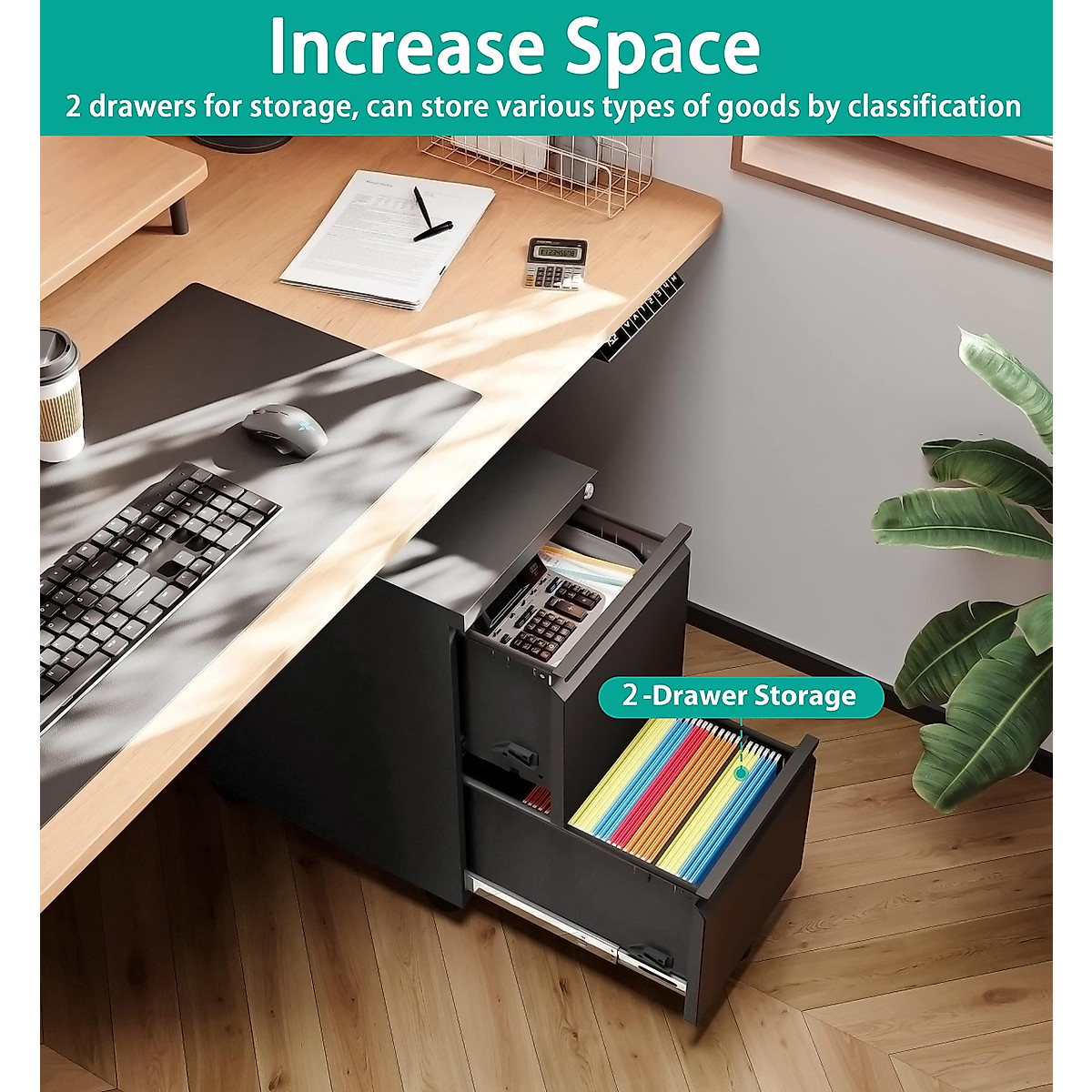 SISESOL 2 Drawer File Cabinet on Wheels,Metal Filing Cabinet with Lock,Black Rolling File Cabinets,Under Desk Office Cabinets for Home Office,Fit A4/Letter/Legal