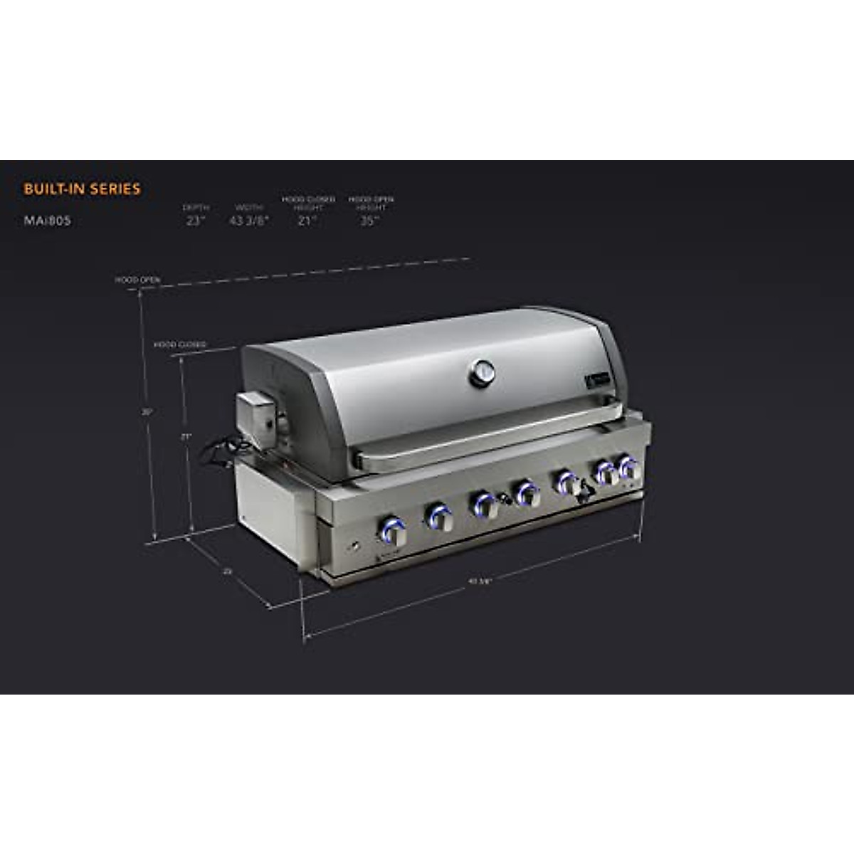 Mont Alpi MABi805 44-Inch 6-Burner 87000 BTU Built-In Stainless Steel Outdoor Kitchen Gas Grill w/ Ceramic Infrared Rear Burner + Rotisserie Kit & Weather Cover