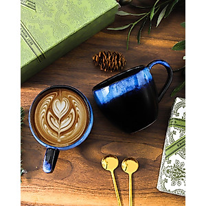 glowworm 16 oz Coffee Mugs, Ceramic Coffee Cups with Spoon, Large Coffee Mugs for Men/Women, Coffee Cups for Latte, Cocoa, Office, Home, Microwave & Dishwasher Safe, Set of 2, Black