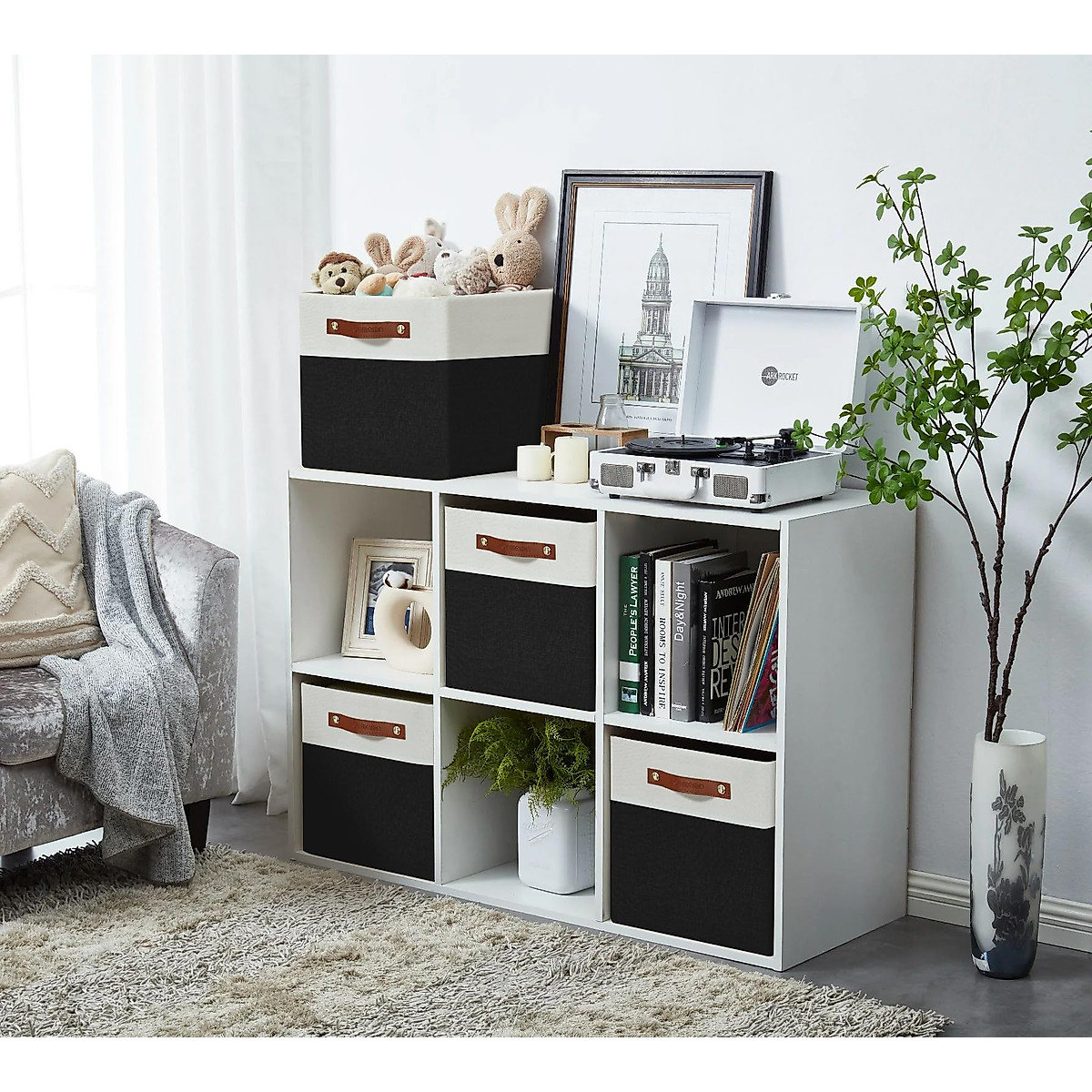 DECOMOMO Fabric Storage Bins, 13x13x13 Storage Cube Bins, Baskets for Shelves (Black and White, 4pcs)