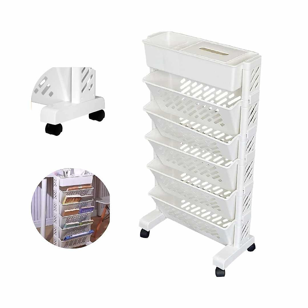 Multifunctional Storage for Books, White Rotating Shelf with 6 Levels, Plastic Bookcase on Wheels!