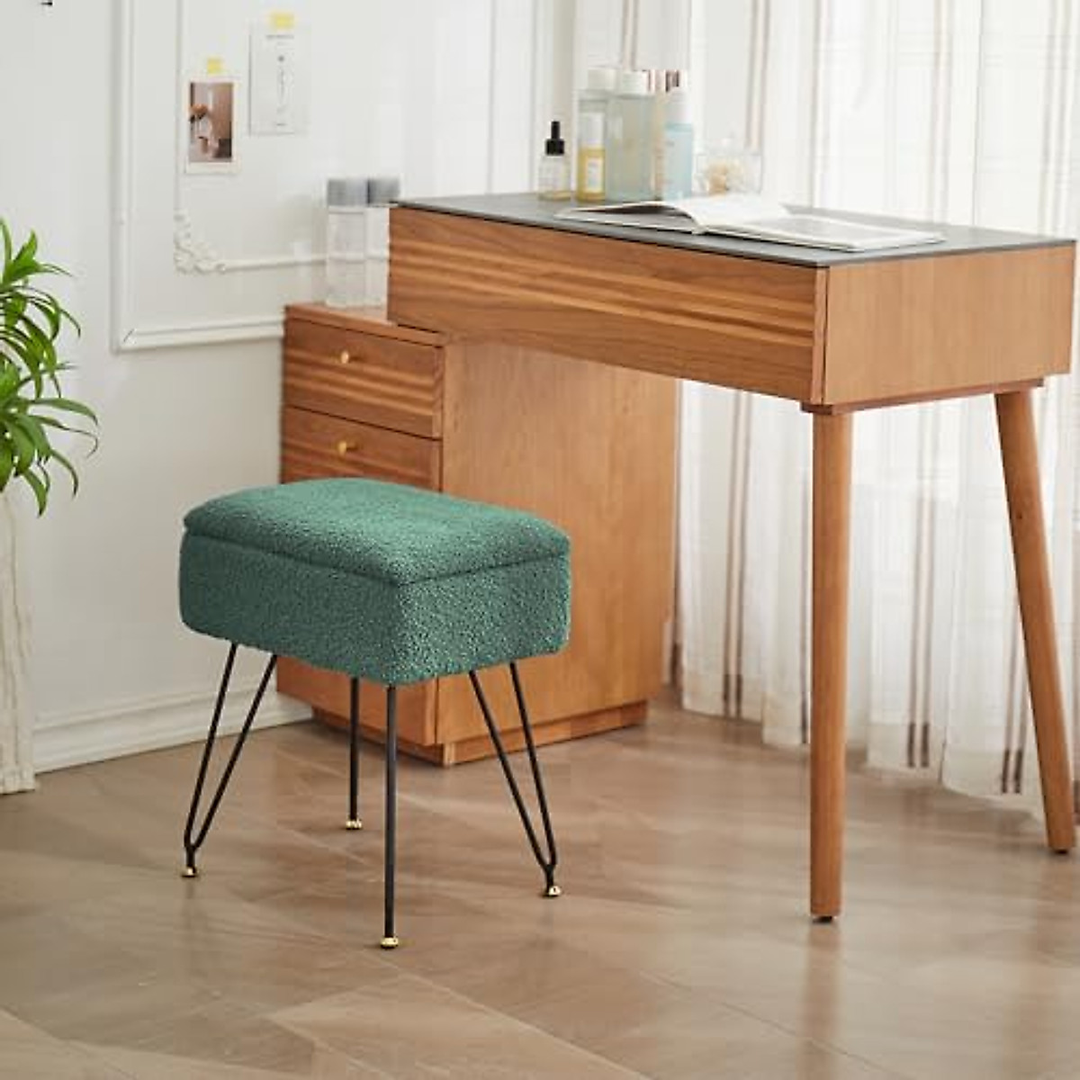 Leesingdo Vanity Stool Chair, Faux Teddy Fur Ottoman Foot Stool with Metal Legs & Adjustable Black Feet, Flip Top Storage Makeup Stool with Soft Padded Seat, Foot Rest for Makeup Room Bedroom, Green