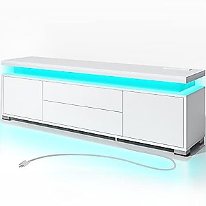 Rolanstar TV Stand with LED Lights & Power Outlet, Modern Entertainment Center for 32/43/50/55/65 Inchs TVs, TV Table, Universal Gaming LED TV Media stand with Storage Cabinet and Large Storage, White