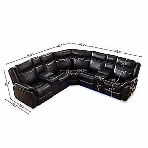 Elountik Symmetrical Power Reclining Sectional Sofa with LED Strip, Storage Console, Cup Holders with Built-in USB Charging Port; Home Theater Power Reclining Sofa Couch (Power Reclining Black)