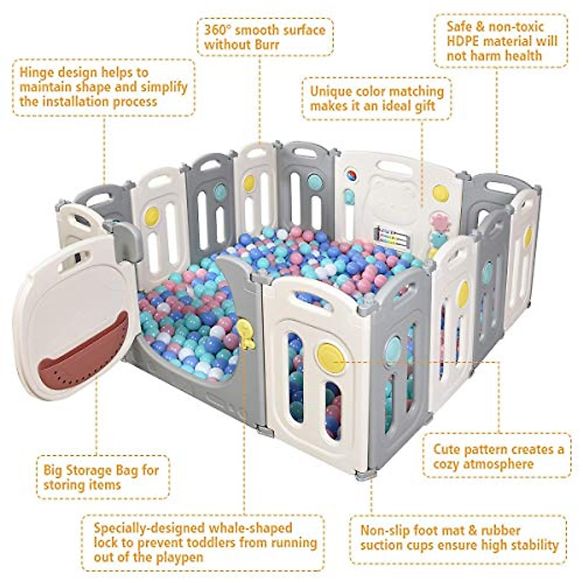 Costzon Baby Playpen, 14 Panel Foldable Thicken Kids Safety Play Fence with Storage Bag, Door with Safety Lock, 14 Rubber Suction Cups, HDPE Material BPA Free, Adjustable Shape, for Indoor Outdoor