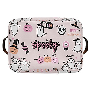 Sletend Foldable Canvas Storage Basket with Handles Halloween Cartoon Ghost Durable Storage Bin Organizer for Nursery Kids Shelves Desks Printed Canvas Storage Basket