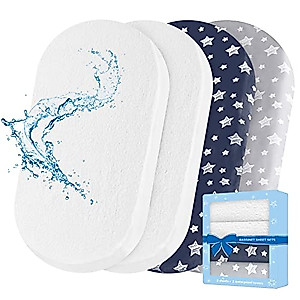 Bassinet Sheets & Waterproof Bamboo Bassinet Mattress Pad Protector 4 Pack Set, Universal Fit for Oval, Hourglass and Rectangular Mattress, Grey & Navy