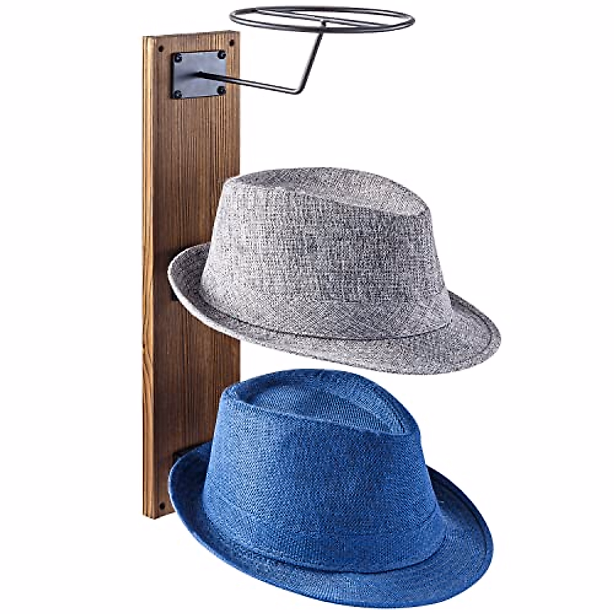 MyGift Wall Mounted Hat Rack, Rustic Dark Brown Wood and Black Metal Wire Vertical Cap and Wig Form Storage Hooks