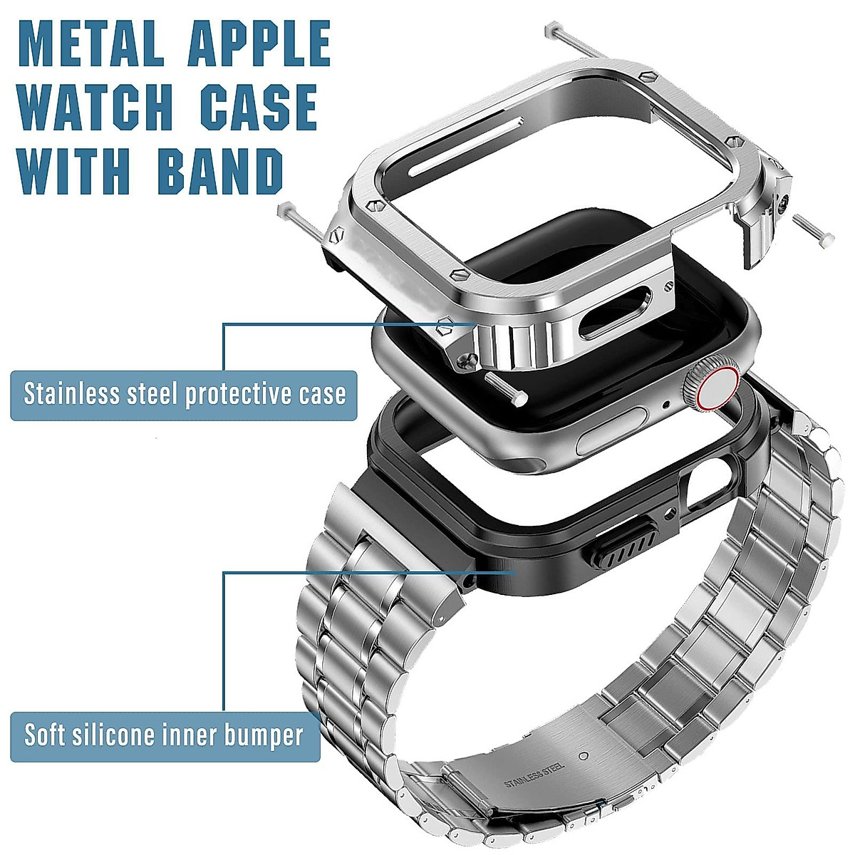 MioHHR Stainless Steel Watch Band with Case Compatible with Apple Watch Series 9/8/7(45mm),Rugged Strap with Metal Protective Bumper Cover for iWatch Band Men(Silver)