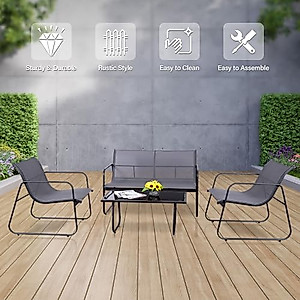 4 Piece Patio Furniture Set, Outdoor Conversations Sets for Patio, Lawn, Garden, Poolside with a Glass Coffee Table, Heathered Grey Fabric with Black Frame
