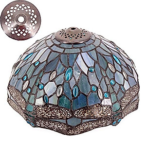 WERFACTORY Tiffany Lamp Shade Replacement 12X6 Inch Sea Blue Stained Glass Dragonfly Style Lampshade Only with Cap fit for Table lamp Pendant Light Ceiling Fixture (Part Not Included) S147 Series