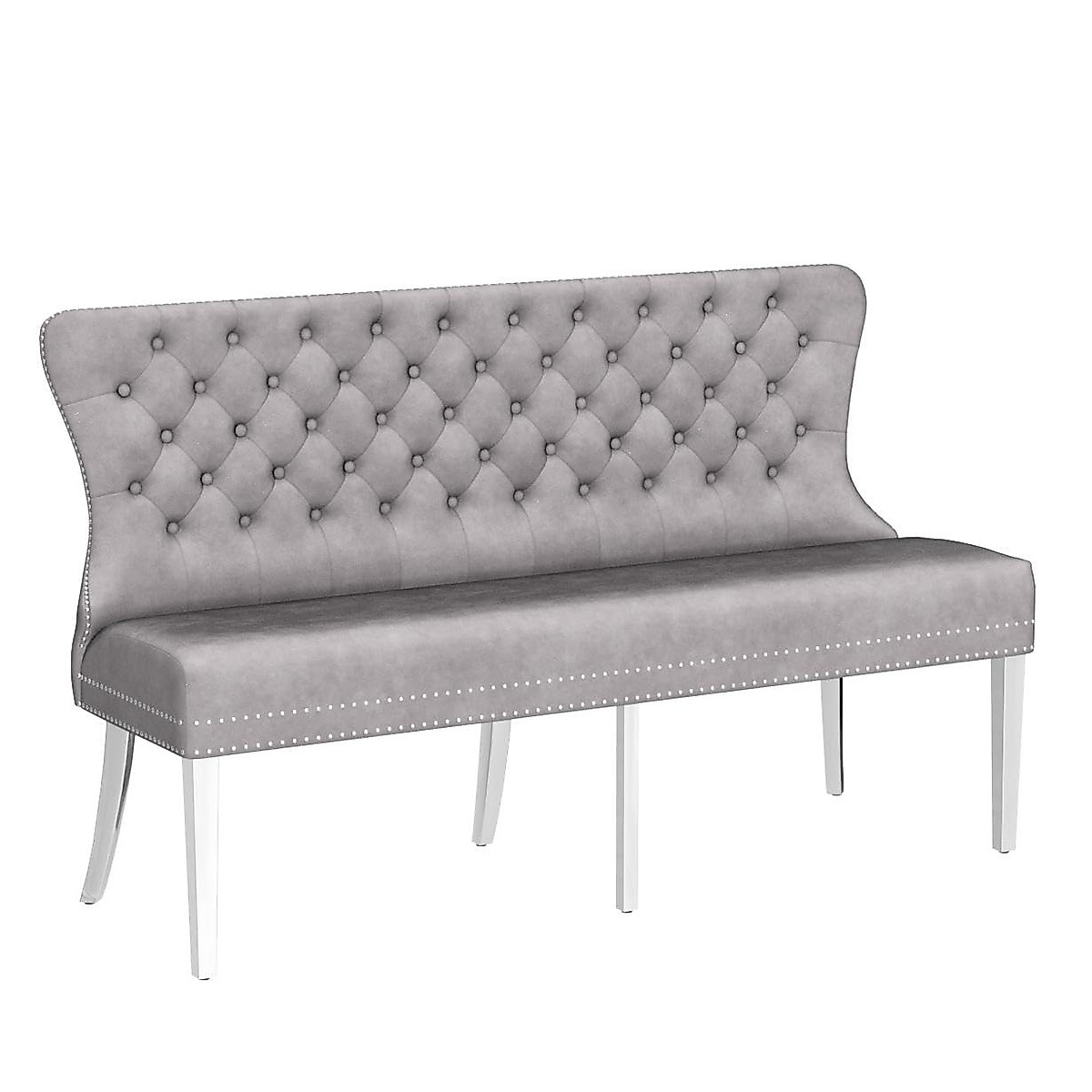 LOULENS 65'' Upholstered Velvet Settee Bench 3 Seater, Modern Tufted Banquette Bench with Back, Accent Loveseat Sofa with Stainless Steel Leg for Dining, Living Room (Gery)