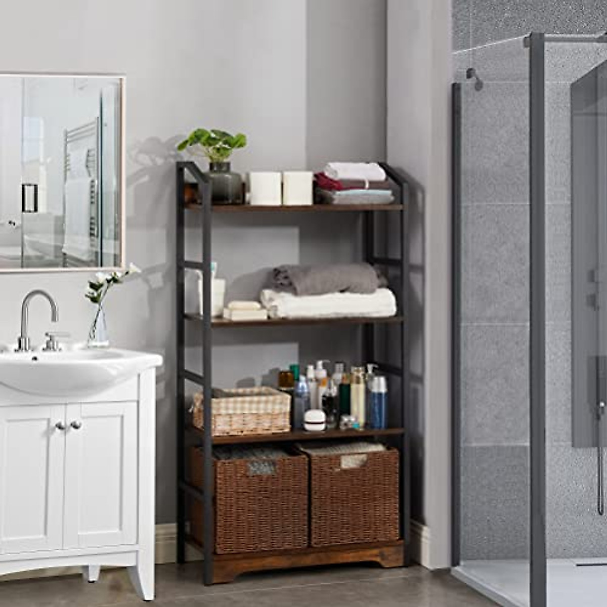 Vagusicc 4 Tier Bookshelf with 2 Storage Baskets, Tall Bookcase Shelf Storage Organizer Wood Book Shelf, Modern Shelf Rack Shelves with Steel Frame, Multipurpose Bookshelf for Bedroom Living Room